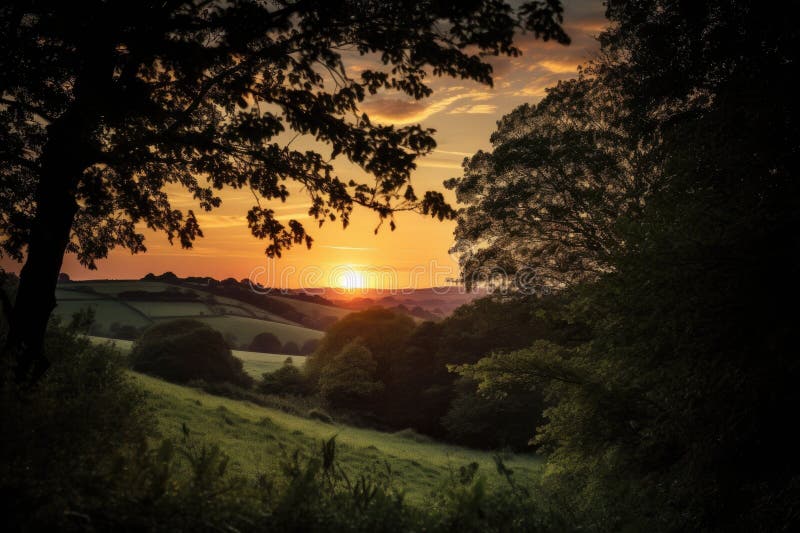 Rolling Countryside Hills, with View of the Sunset, and Silhouettes of ...