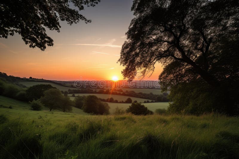 Rolling Countryside Hills, with View of the Sunset, and Silhouettes of ...