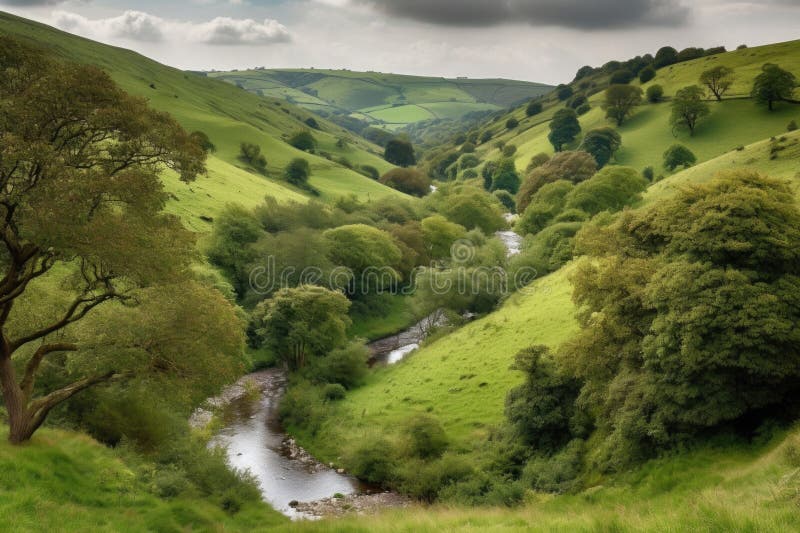 Rolling Countryside Hills, with Winding Stream and Towering Trees Stock ...