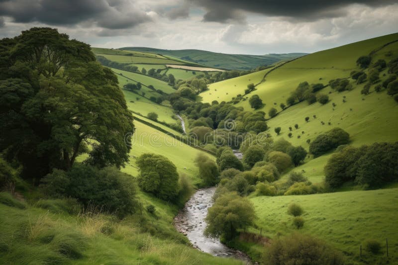 Rolling Countryside Hills, with Winding Stream and Towering Trees Stock ...