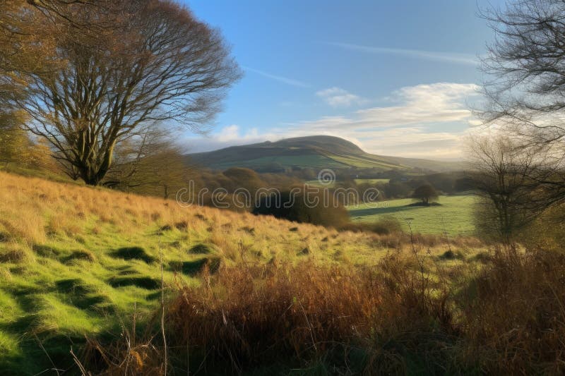 Rolling Countryside Hillscape with a Clear Blue Sky, and the Sun ...