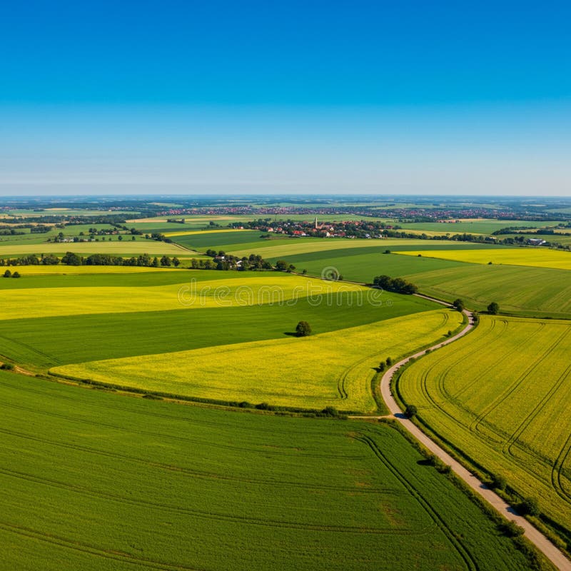 Rolling Countryside with Patchwork Fields of Green and Yellow Stretches ...