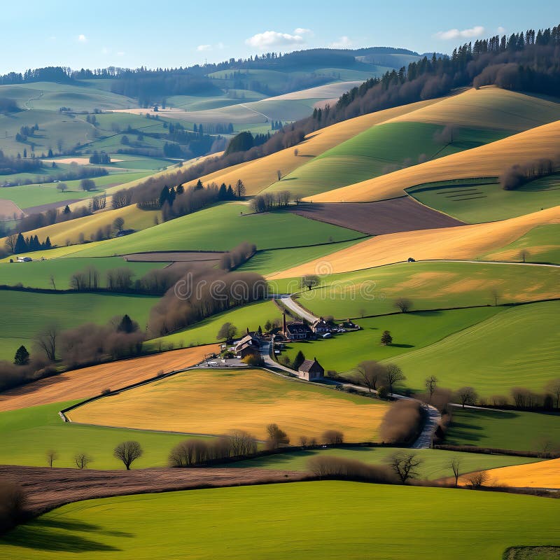 A Rolling Countryside with Patchwork Fields and a Small, Peaceful ...