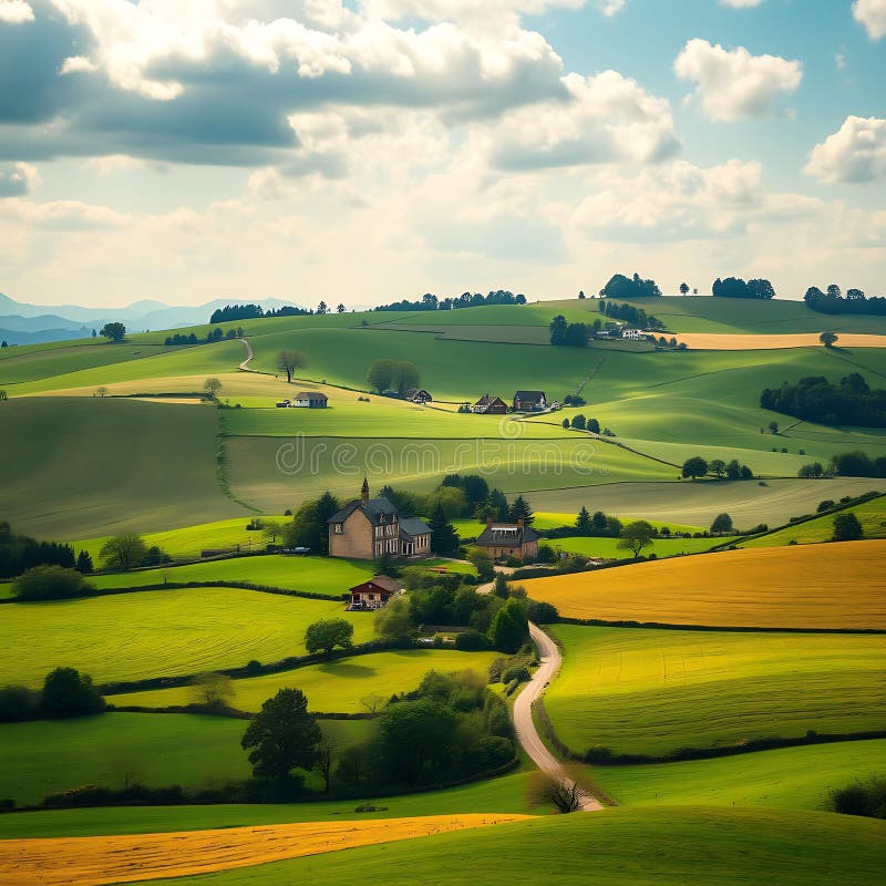 A Rolling Countryside with Patchwork Fields and a Small, Peaceful ...