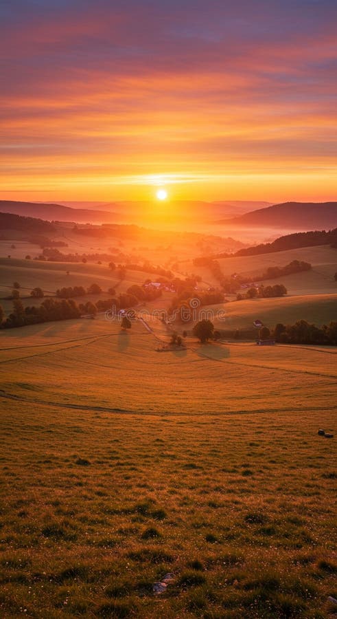 Rolling Countryside Scene at Sunrise, Featuring Gently Sloping Fields ...