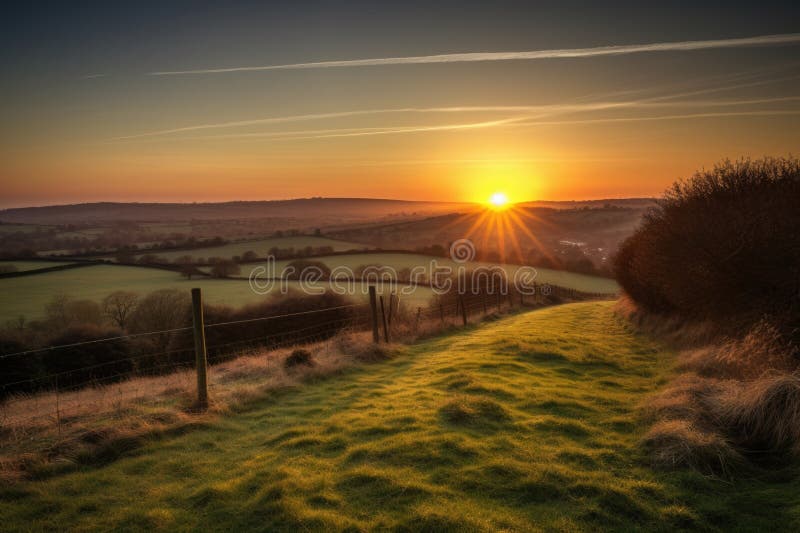 Rolling Countryside, with the Sun Setting in the Background, Casting a ...
