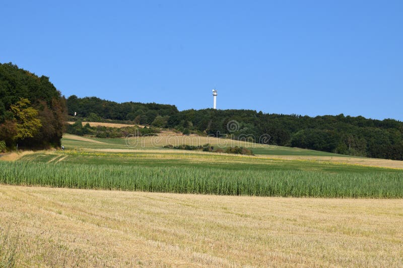 Farmlad with Corn Fields Volcano Hills and a White Tower Above Stock ...