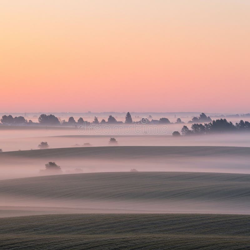 Rolling Fields Blanketed with Mist at Dawn. the Sky Transitions from ...