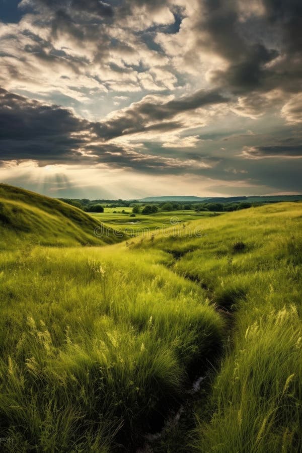 Rolling Grass Hills Under a Dramatic Cloudy Sky Stock Illustration ...