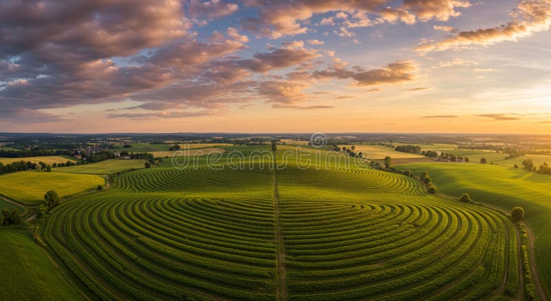 Rolling Green Fields with Concentric Circular Patterns Extend Across ...