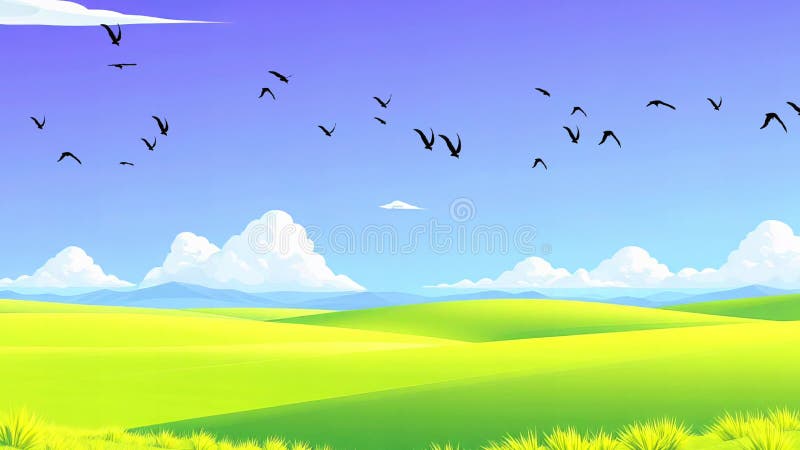Rolling Green Fields and Distant Mountains Animated Landscape with ...