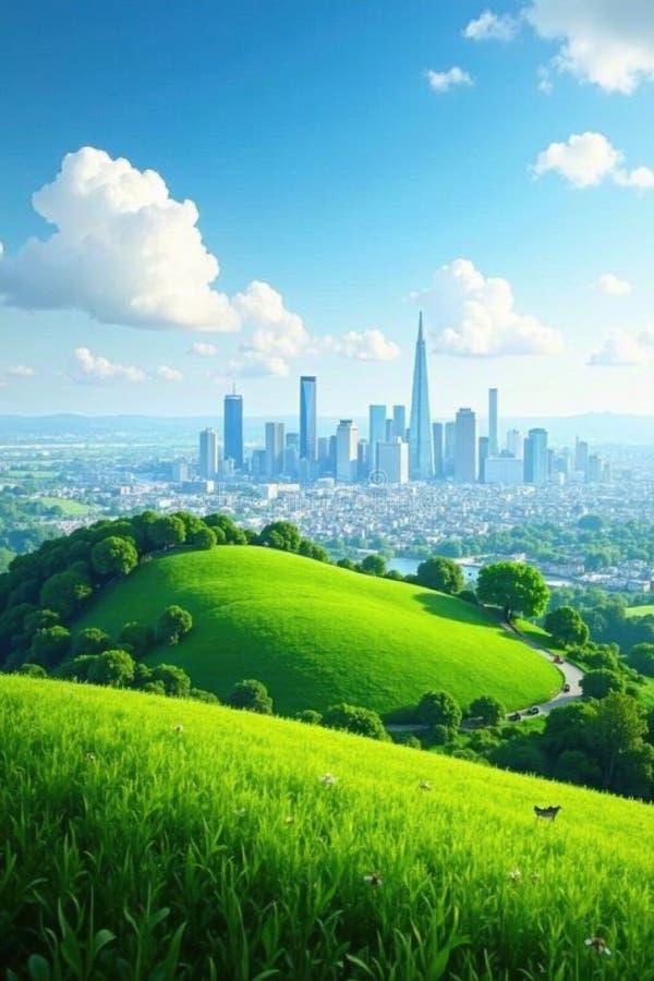 Rolling Green Hill with City Skyline Backdrop, Landscape, Skyline Stock ...