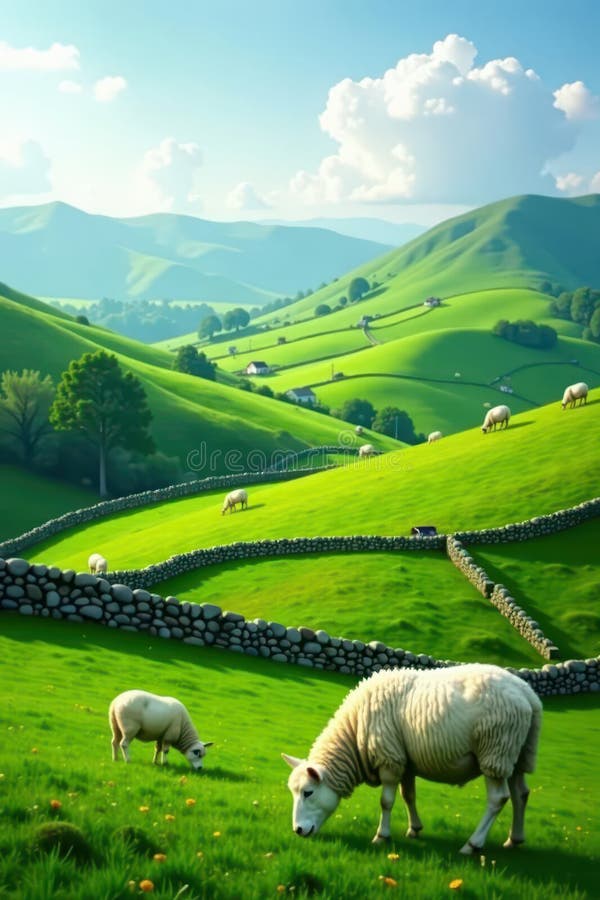 Rolling Green Hills Dotted with Sheep and Stone Walls , Tranquil ...
