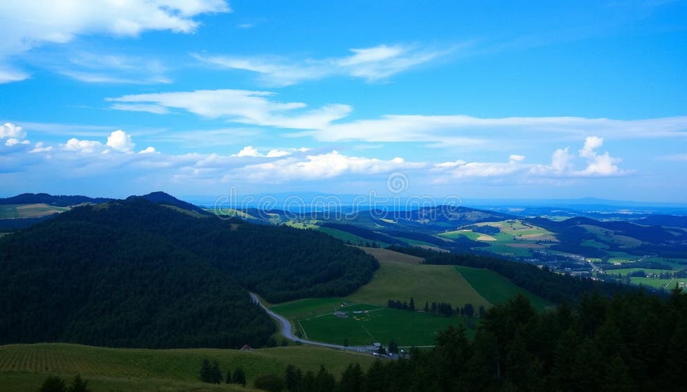 Rolling Hills Covered with Dense Forests and Open Fields Stretch Across ...