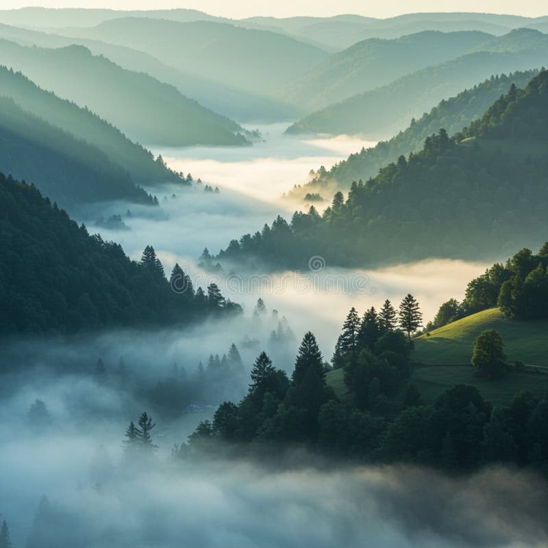 Rolling Hills Covered in Dense Forests are Shrouded in a Thick Layer of ...