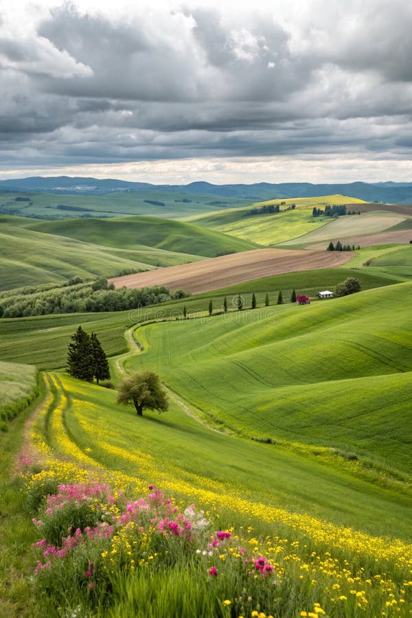 Rolling Hills in Spring stock illustration. Illustration of fields ...