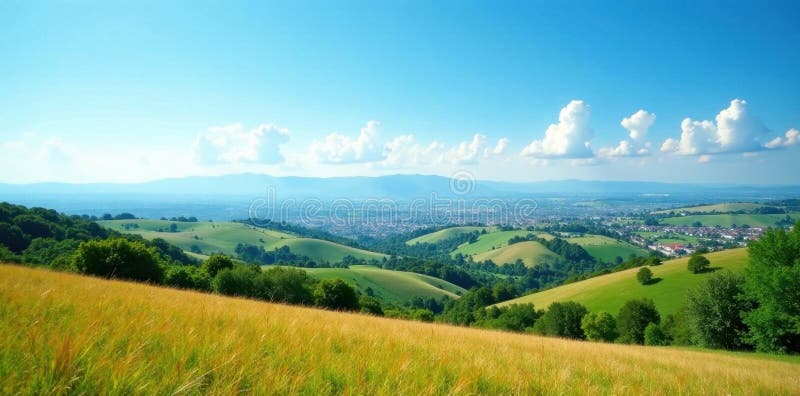 Rolling Hills and Distant City, Clear Blue Sky, Overlook, Hills, Scenic ...