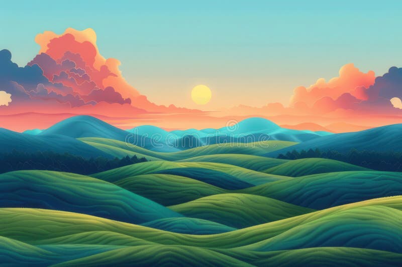 Rolling Hills Flat Design Front View Pastoral Theme Pixel Art 3D Render ...