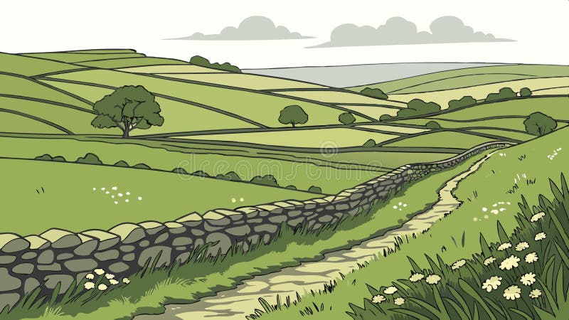 Rolling Hills Landscape with a Stone Wall and Green Fields Vector ...