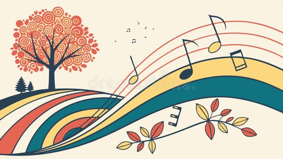 Rolling Hills Landscape with Tree and Musical Notes Abstract Art Vector ...