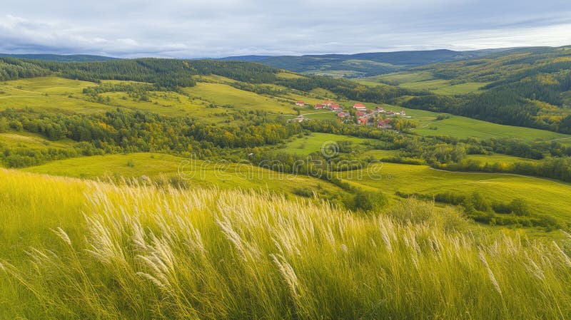 Rolling Hills with Lush Green Fields and a Small Village in the ...