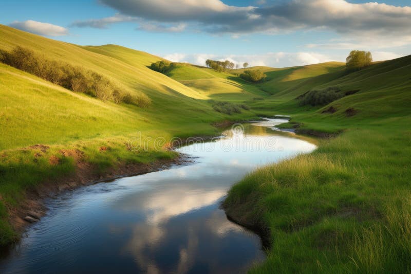 Rolling Hills with Meandering Stream, Babbling Water and Reflection ...
