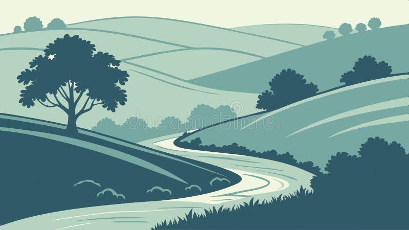 Rolling Hills River Landscape Nature Scenic Tranquility Vector Design ...