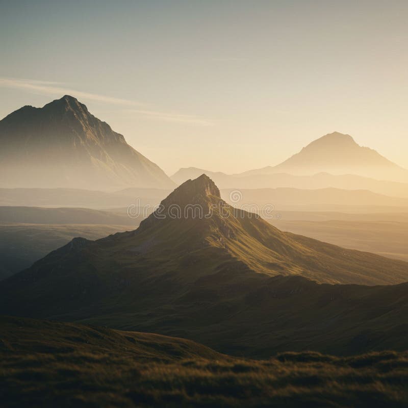 Rolling Hills and Sharp Mountain Peaks Under a Soft, Golden Sunset. the ...