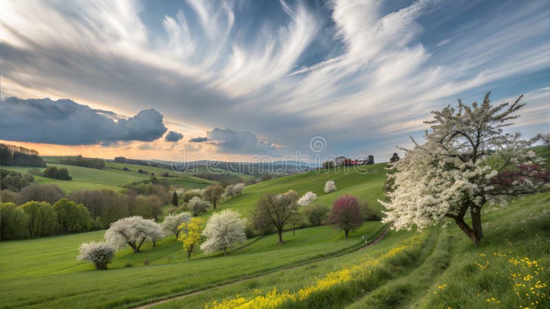Rolling Hills in Spring with Blooming Trees and Dramatic Sky Stock ...