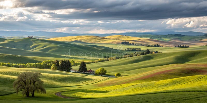Rolling Hills in Spring stock illustration. Illustration of fields ...