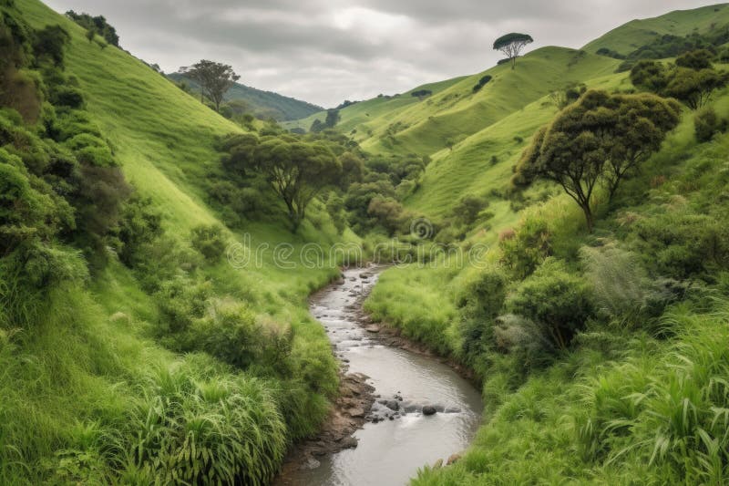 Rolling Hills with Rolling Stream, Surrounded by Lush Greenery Stock ...