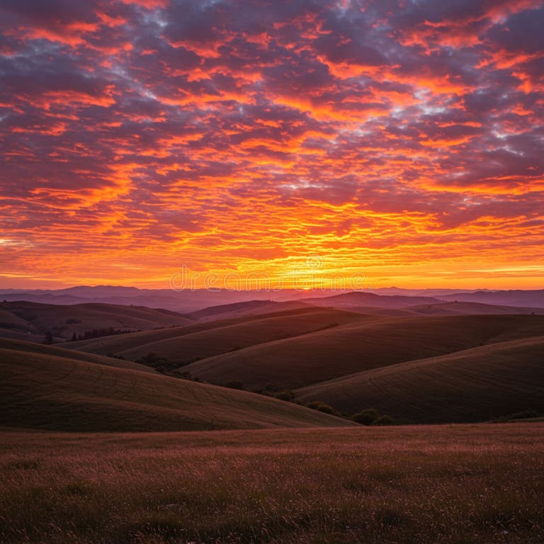 Rolling Hills Under a Dramatic Sunset Sky. the Landscape Features ...