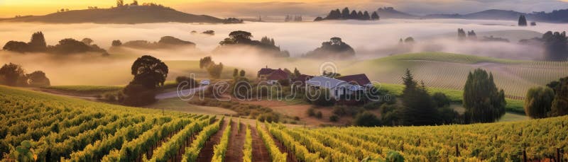 Rolling Hills of Vineyards Under a Misty Dawn. Banner for Web ...