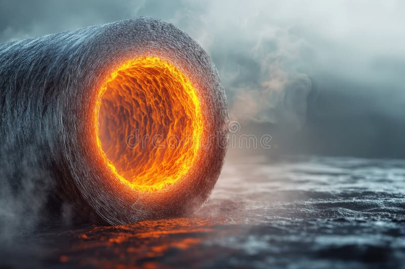 Rolling Metal Cylinder with Glowing Orange Core Surrounded by Misty ...