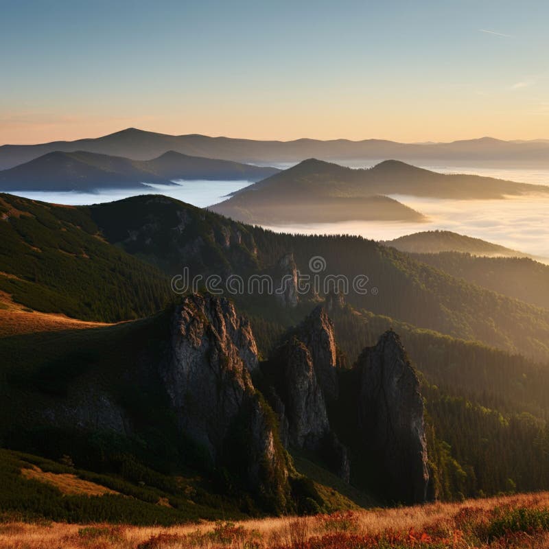 Rolling Mountain Landscape with Sharp Peaks and Dense Evergreen Forests ...