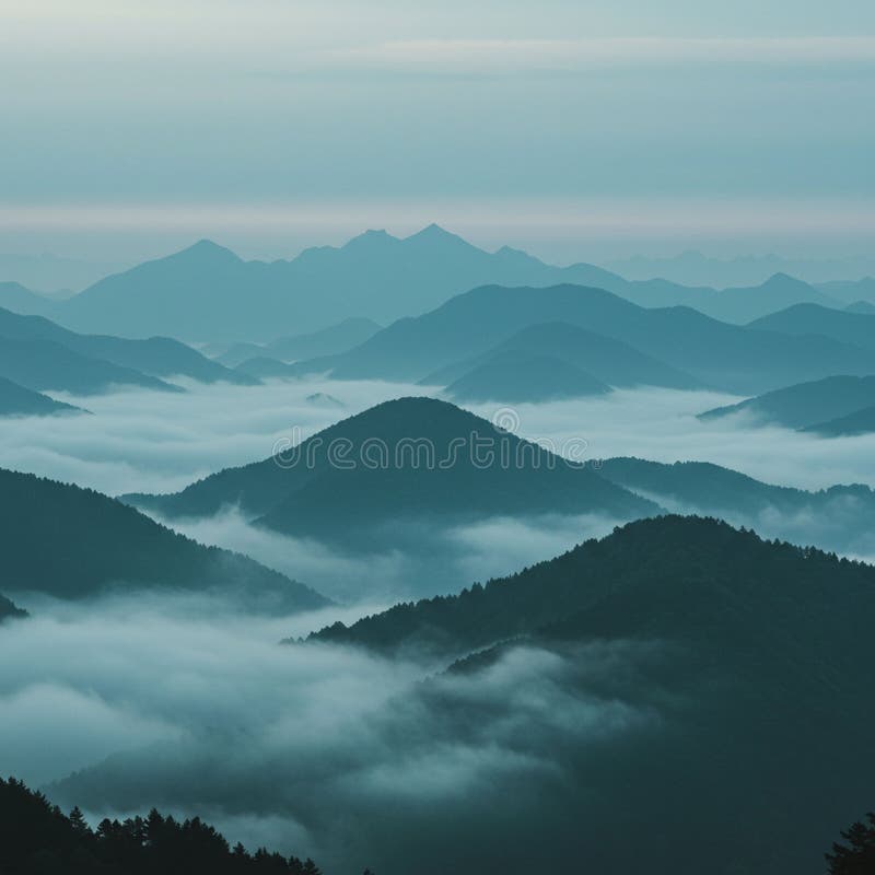 Rolling Mountain Ranges Under a Serene, Misty Atmosphere. Peaks and ...