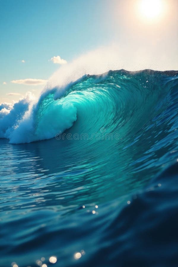 Rolling Ocean Wave, Sunlit Surface, Deep Blue Hues , Foam, Seascape ...