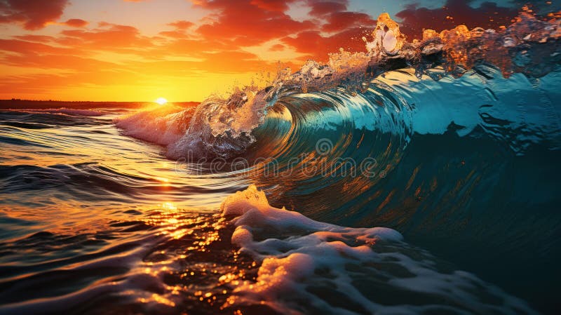 Rolling Ocean Waves at Sunset. Clean and Clear Water Splashes with Foam ...
