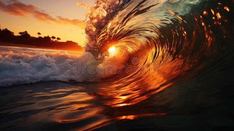 Rolling Ocean Waves at Sunset. Clean and Clear Water Splashes with Foam ...