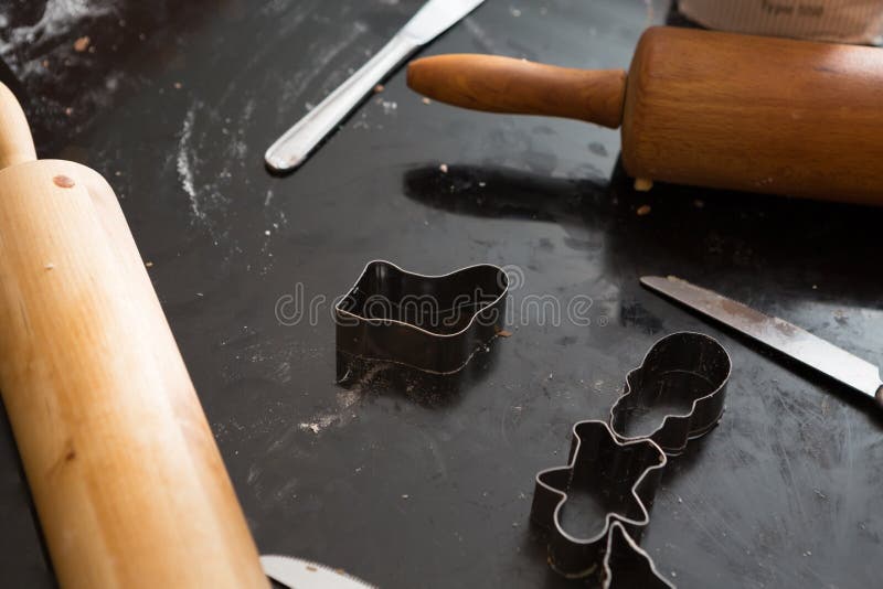 Rolling Pin and Baking Utensils Stock Photo - Image of crumbs, cutters ...