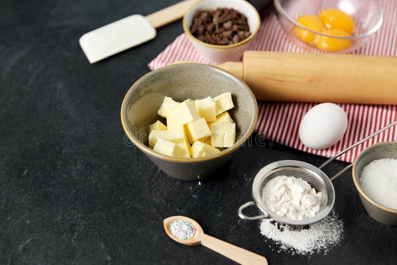 Rolling Pin, Butter, Eggs, Flour and Chocolate Stock Image - Image of ...