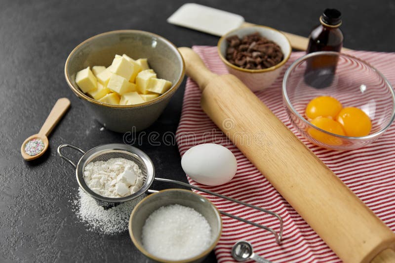Rolling Pin, Butter, Eggs, Flour and Chocolate Stock Image - Image of ...