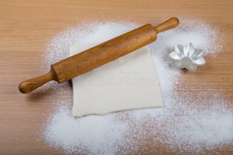 Rolling Pin, Dough and Baking Form on a Light Wooden Table with Stock ...