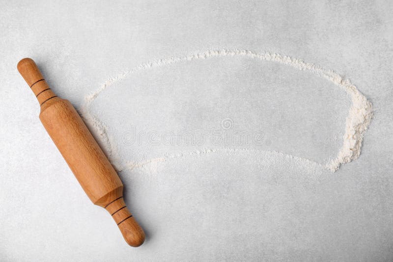 Rolling Pin and Flour on Light Grey Table, Top View. Space for Text ...