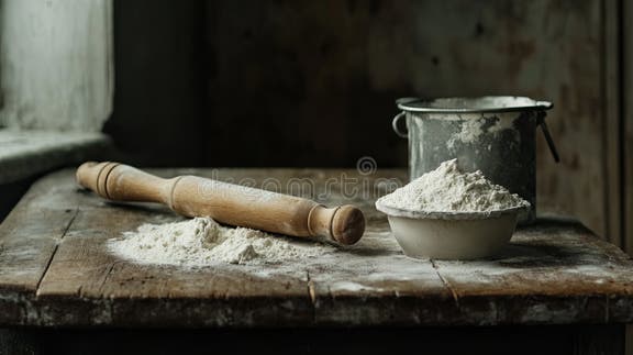 Rolling Pin and Flour on Rustic Kitchen Table. Stock Photo - Image of ...