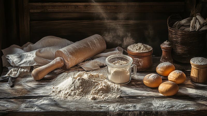 Rolling Pin and Flour on Rustic Kitchen Table. Stock Photo - Image of ...