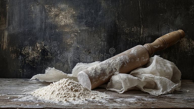 Rolling Pin and Flour on Rustic Kitchen Table. Stock Photo - Image of ...