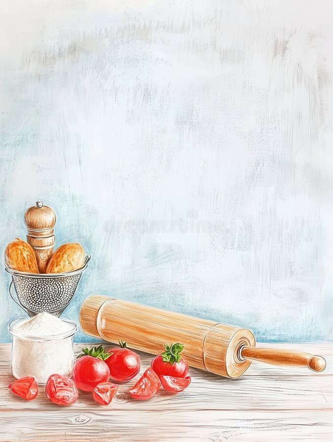 A Rolling Pin and Flour Sifter Illustrated in Chalk, Bold Lines and ...