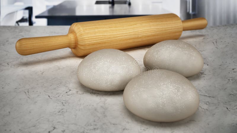 Rolling Pin and Fresh Raw Doughs Standing on the Kitchen Counter. 3D ...
