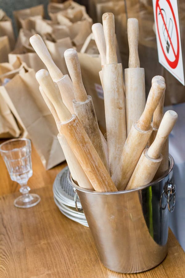 Rolling Pins are in the Bucket in the Kitchen Stock Image - Image of ...